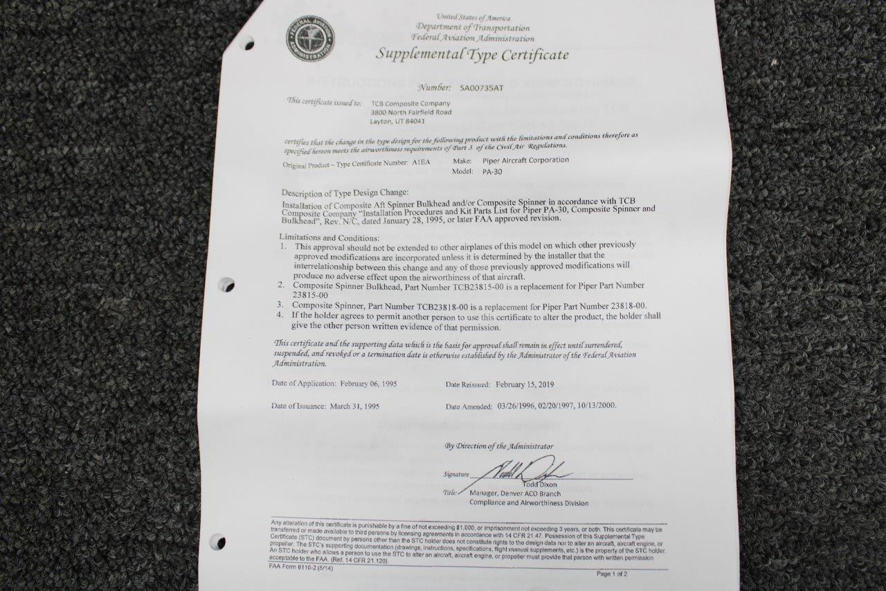 TCB23815-000 TBC Composite Co Composite Spinner Bulkhead- Has STC