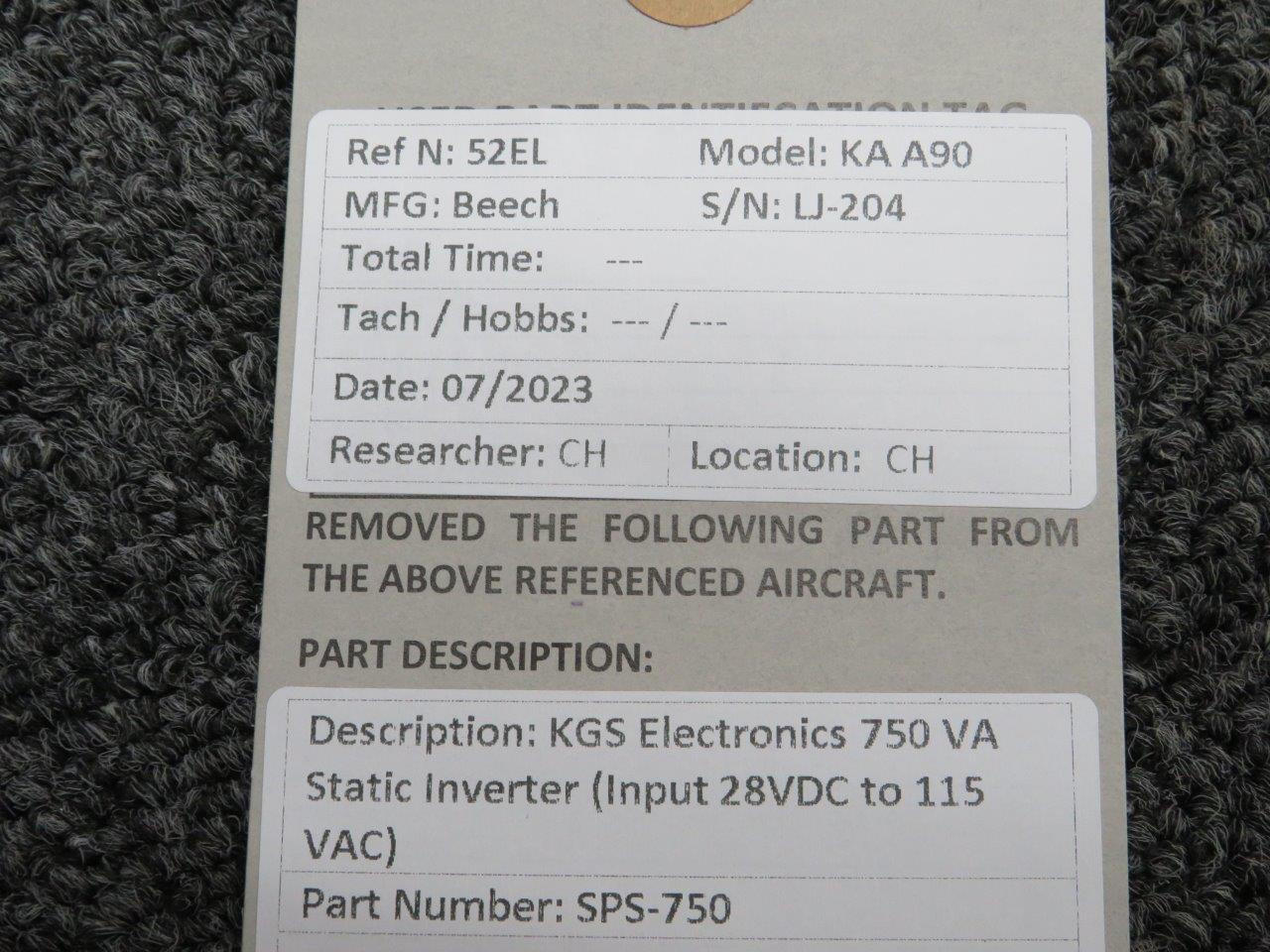 SPS-750 KGS Electronics 750 VA Static Inverter Assembly Input 28 VDC to 115 VAC