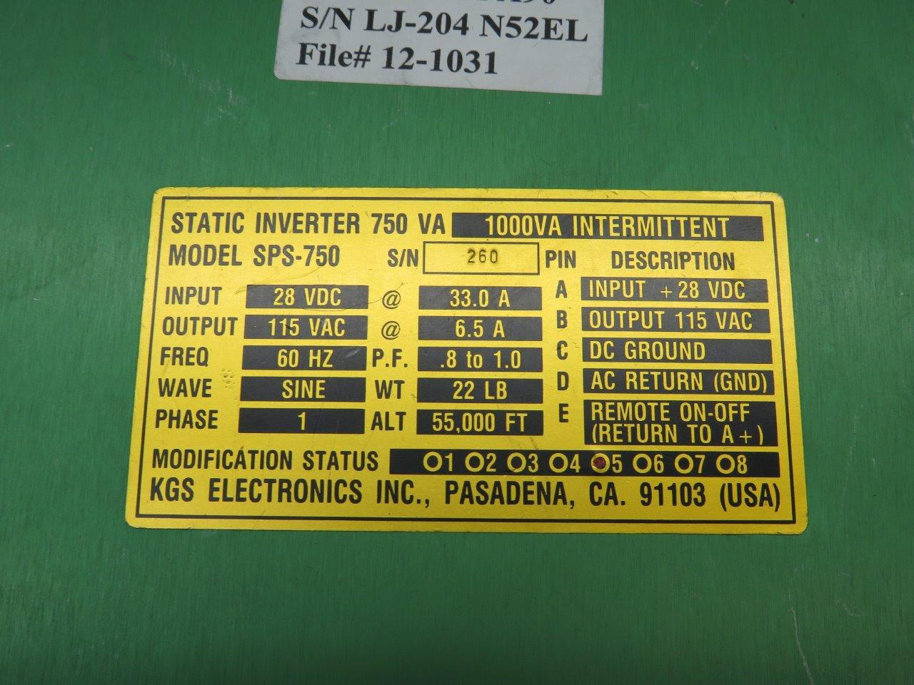 SPS-750 KGS Electronics 750 VA Static Inverter Assembly Input 28 VDC to 115 VAC