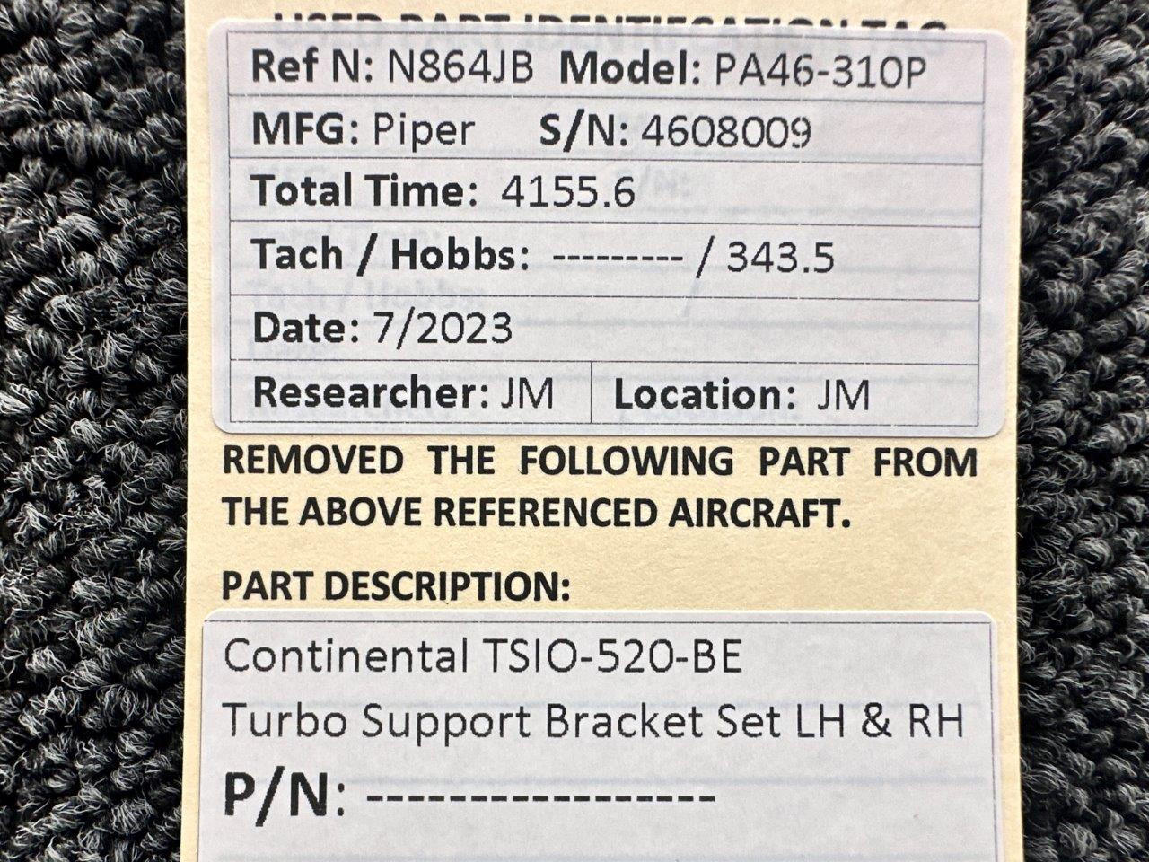 Piper PA46-310P Continental TSIO-520-BE Turbo Support Bracket Set RH and LH