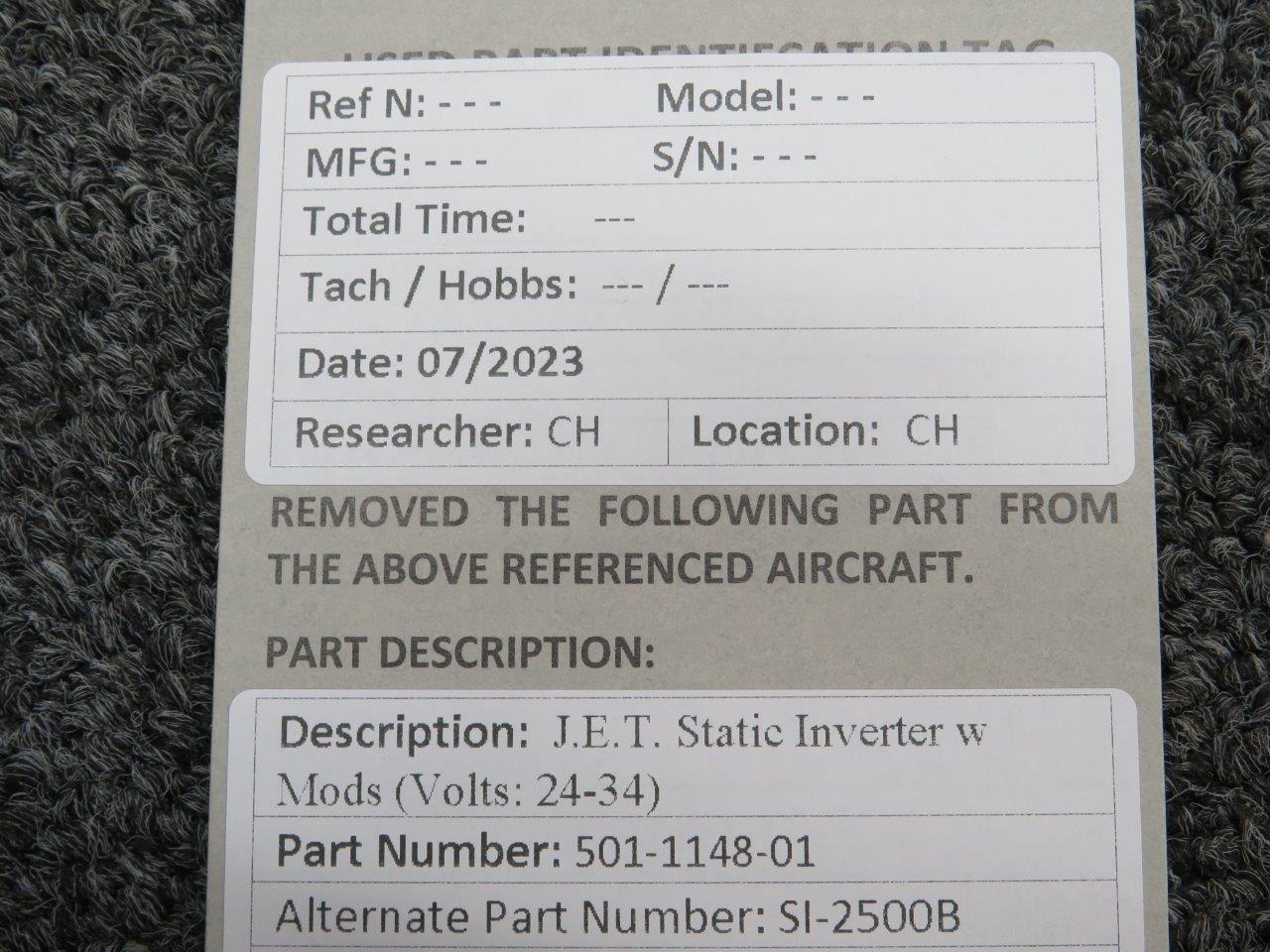 501-1148-01 Alternative Part Number SI-2500B J.E.T. Modified Static ...