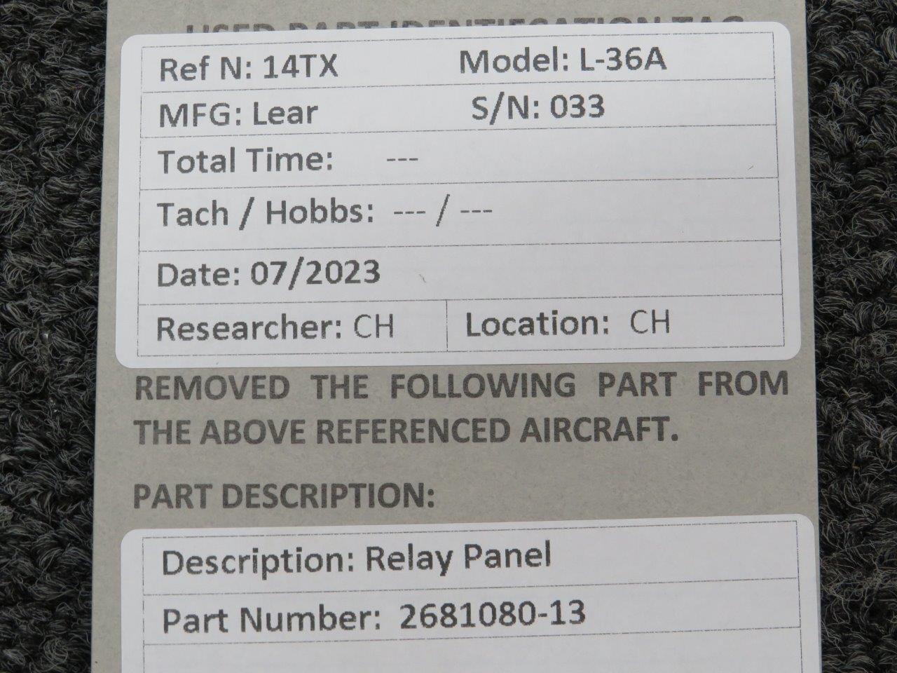 2681080-13 Lear L-36A Relay Panel Assembly For Sale