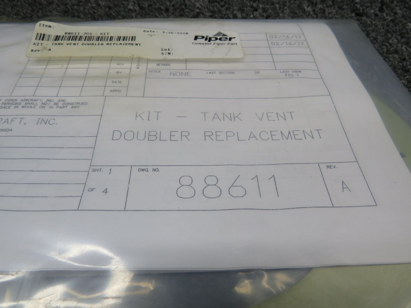 88611-701 Piper Tank Vent Doubler Kit - New Old Stock
