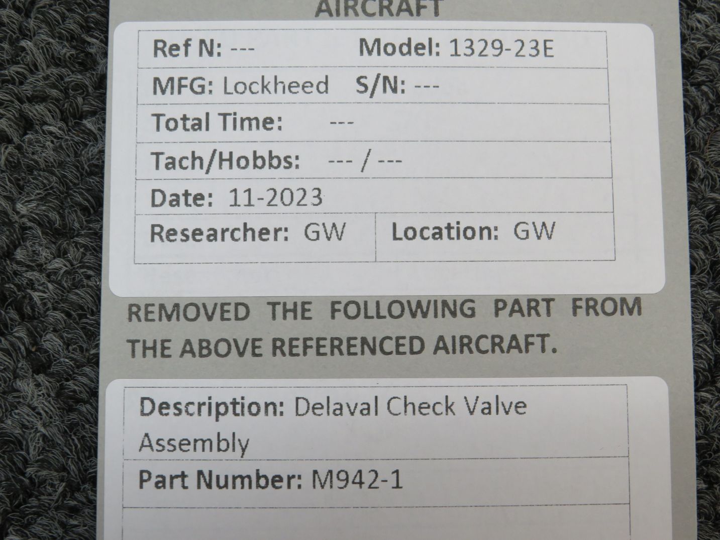 M942-1 L Lockheed 1329-23E Check valve Delaval Assembly