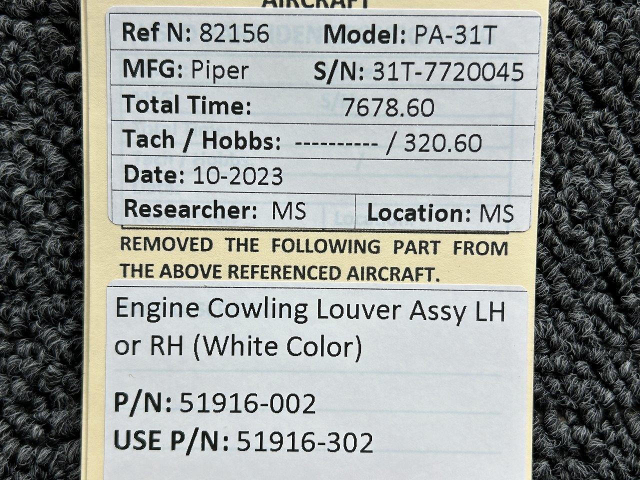 51916-002 (Use: 51916-302) Piper PA-31T Engine Cowling Louver Assembly ...