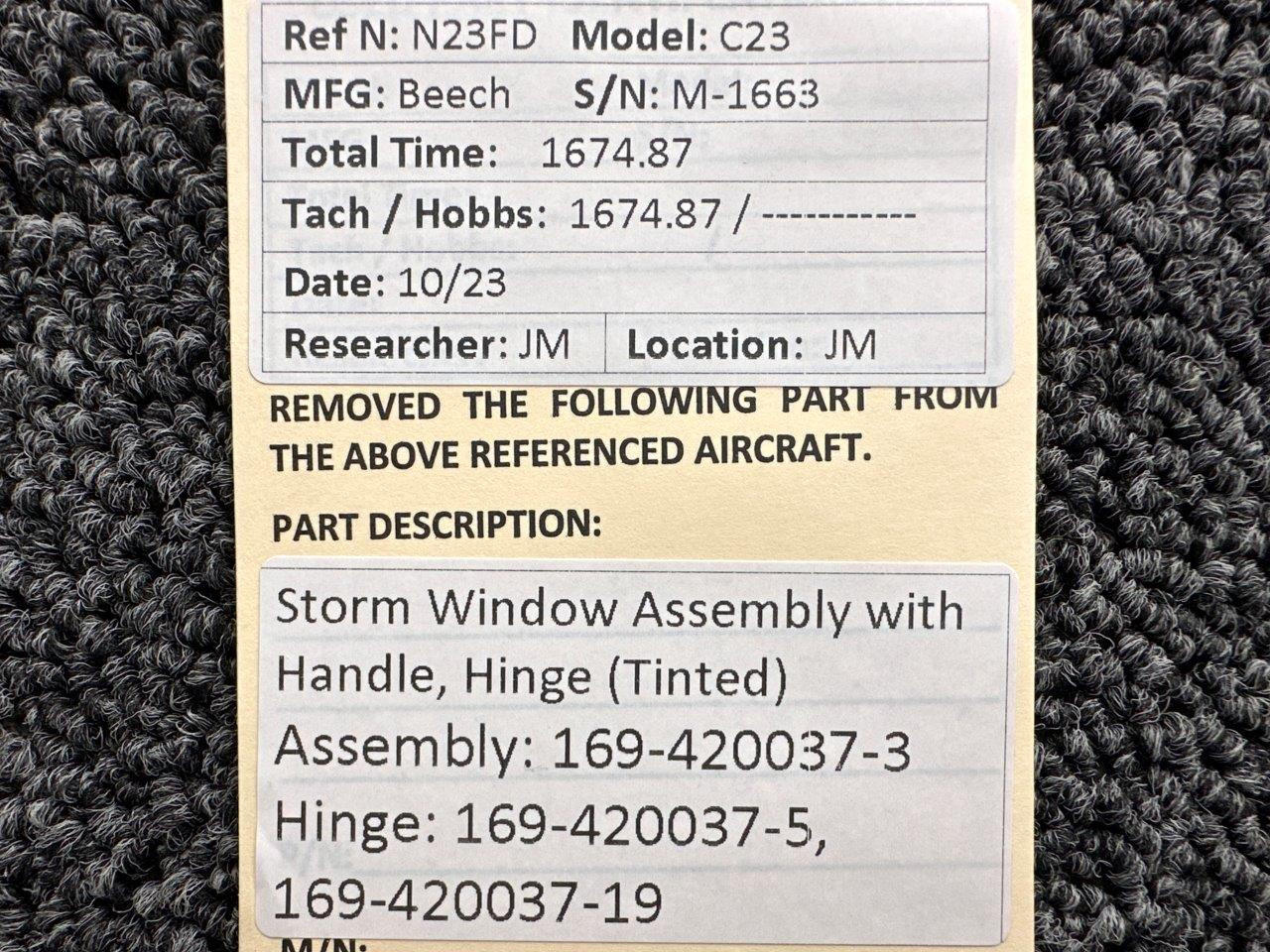 169-420037-3 Beech C23 Storm Window Assembly- Has Handle and Hinge (Tinted)