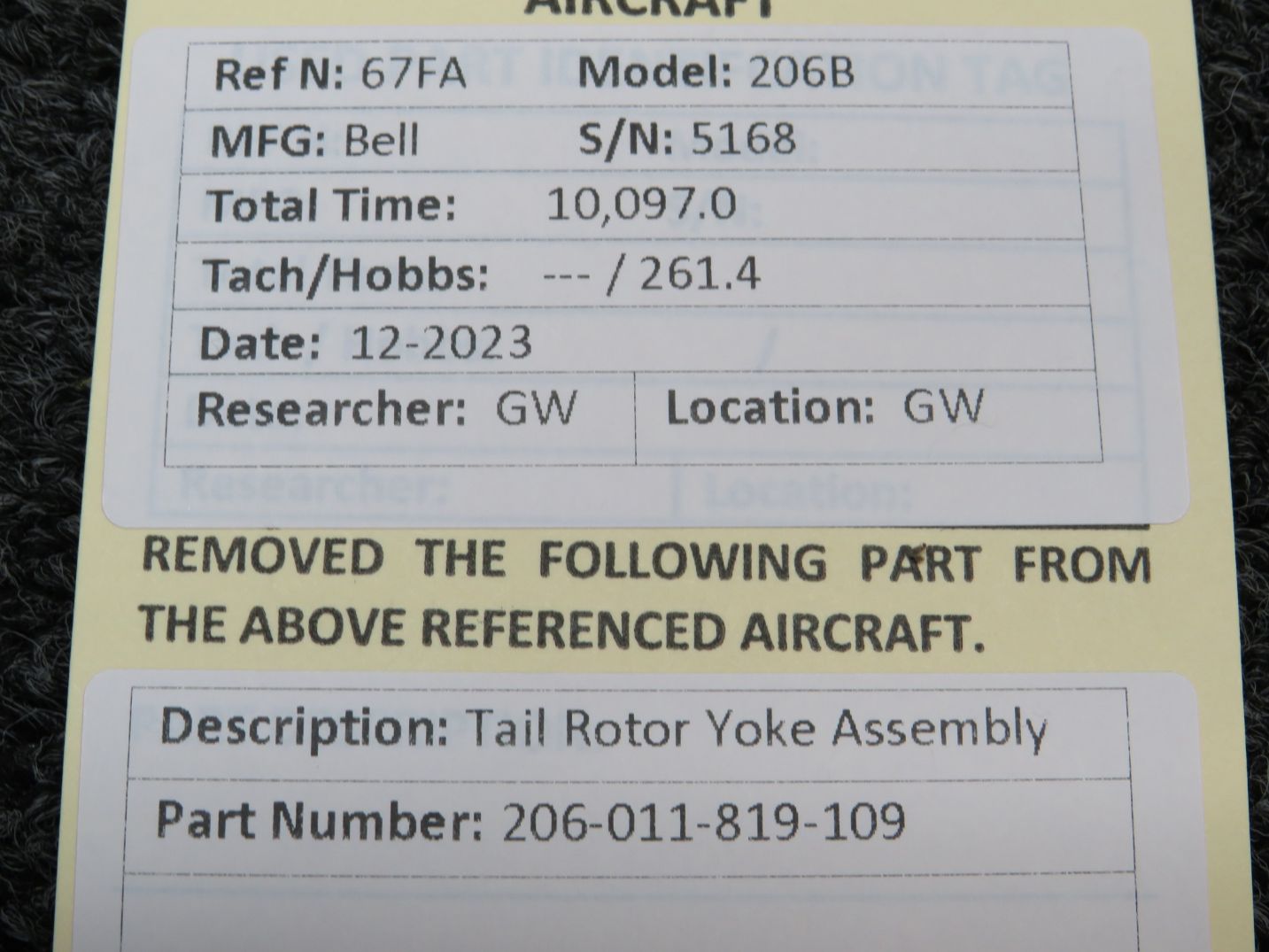 206-011-819-109 Bell 206B Tail Rotor Yoke Assembly For Sale