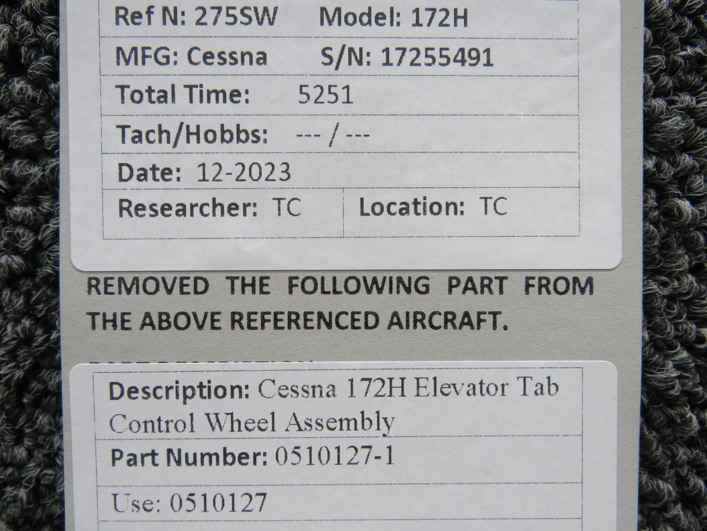 0510127-1 Use Part Number 0510127 Cessna 172H Aircraft Elevator Control ...