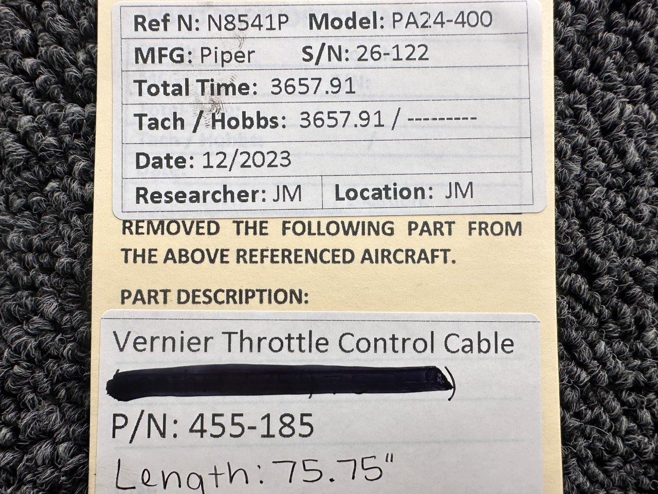 455-185 Piper PA24-400 Vernier Throttle Control Cable (L: 75-3/4”)