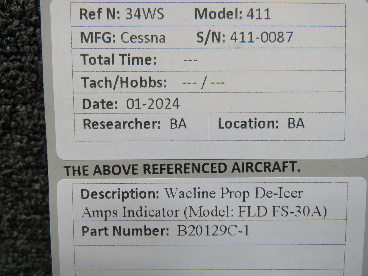 B20129C-1 Wacline FLD FS-30A Prop De-Ice Ammeter Indicator For Sale
