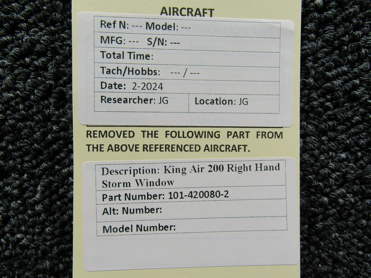 101-420080-2 Beechcraft King Air 200 Storm Window Right Hand Unit