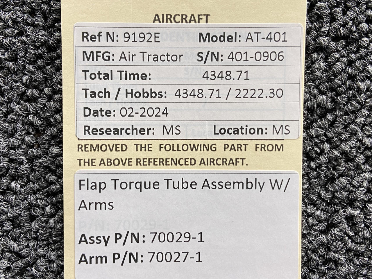 70029-1 and 70027-1 Air Tractor AT-401 Flap Torque Tube Assembly with Arms