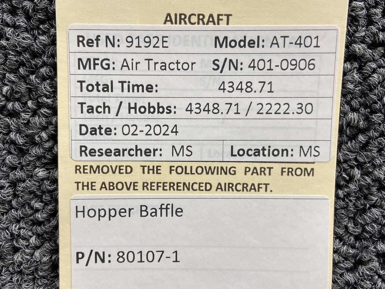 80107-1 Air Tractor AT-401 Hopper Baffle | BAS Airplane Parts