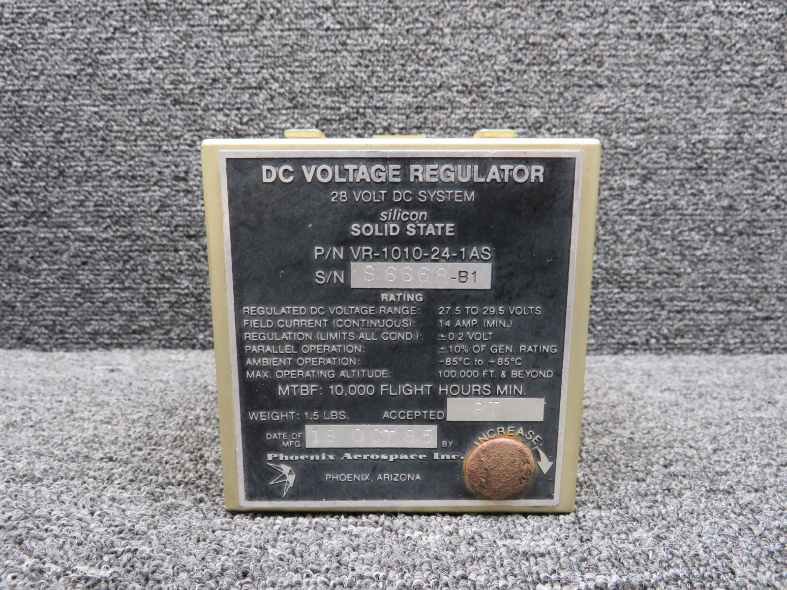 VR-1010-24-1AS Phoenix Aerospace 27.5 to 29.5 Volt DC Voltage Regulator ...