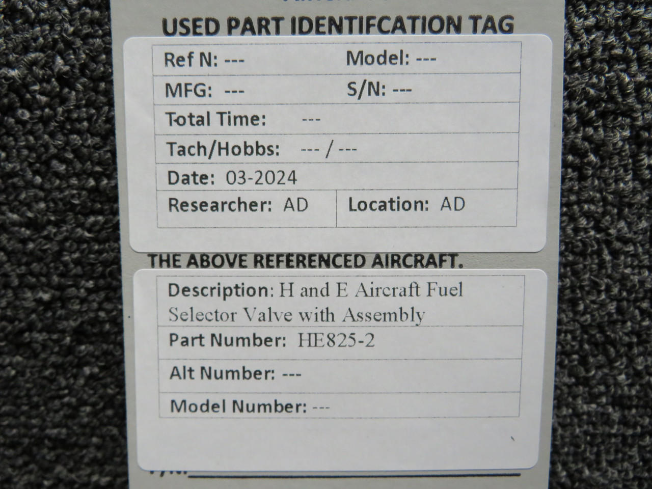HE825-2 H and E Aircraft Fuel Selector Valve w Assembly