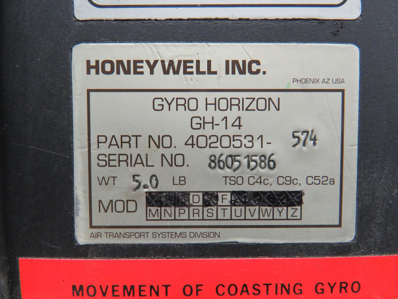 4020531-574 Honeywell GH-14 Gyro Horizon Indicator with Modifications (Worn Face)