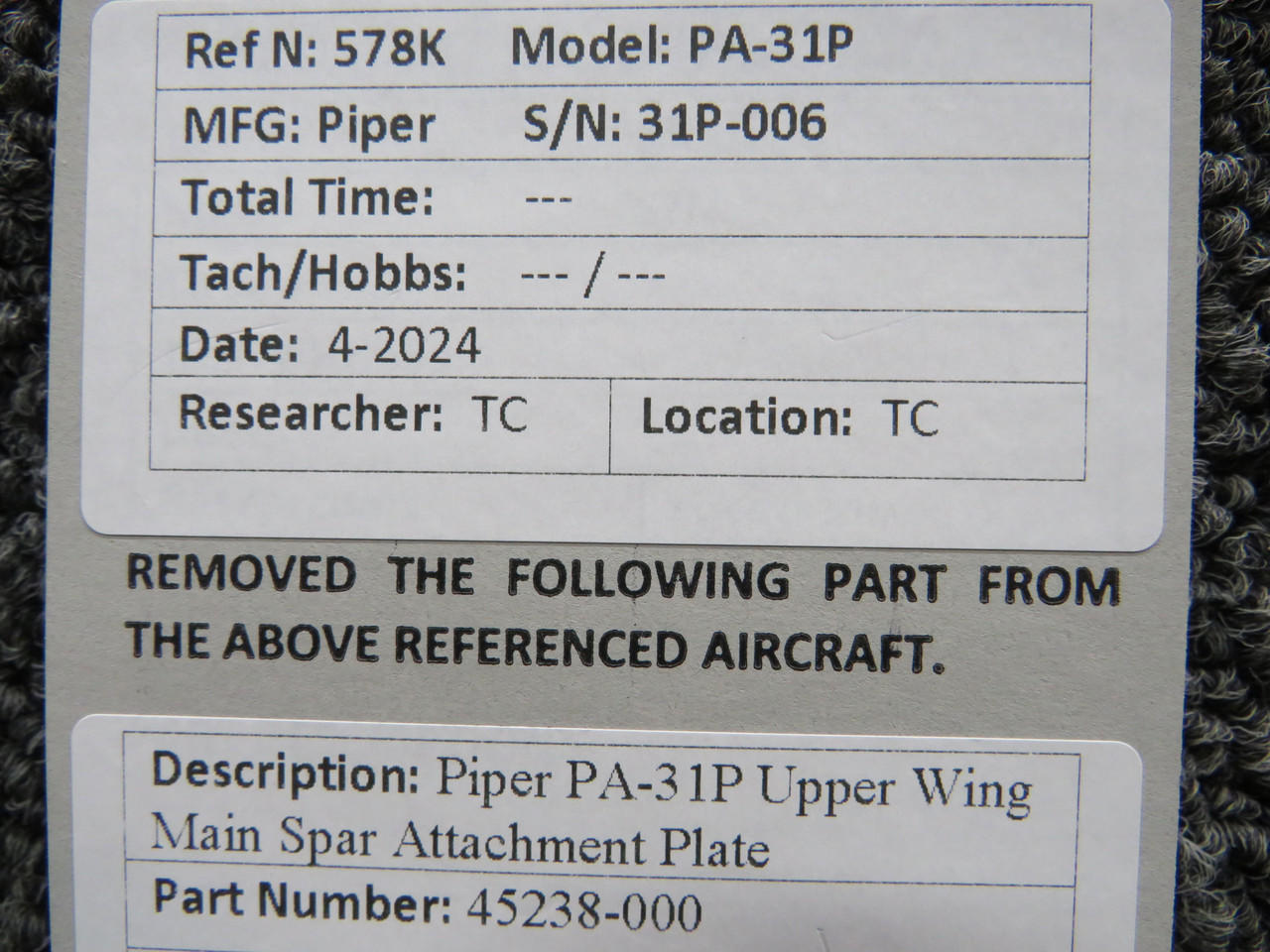 45238-000 Piper PA-31P Upper Wing Main Spar Attachment Plate | BAS KC ...