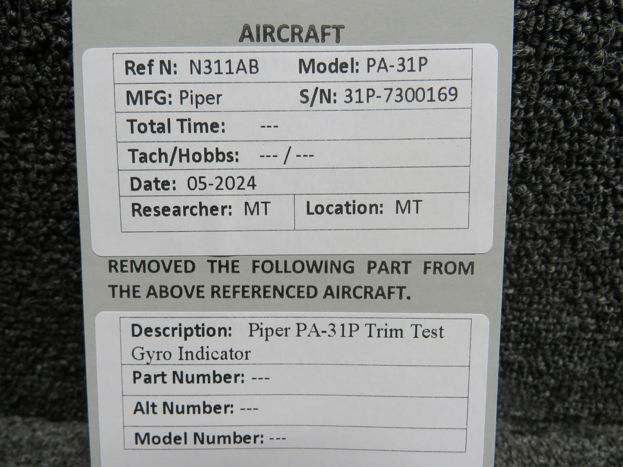Piper PA-31P Flight Trim Test Gyro Indicator