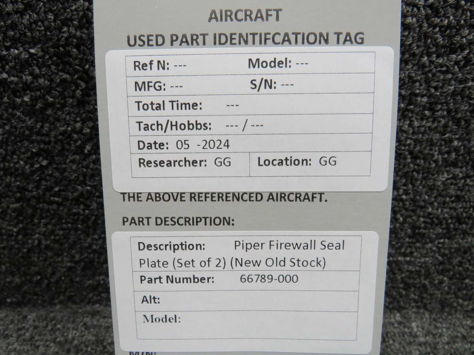 66789-000 Piper Firewall Seal Plate Set of 2 (New Old Stock) For Sale