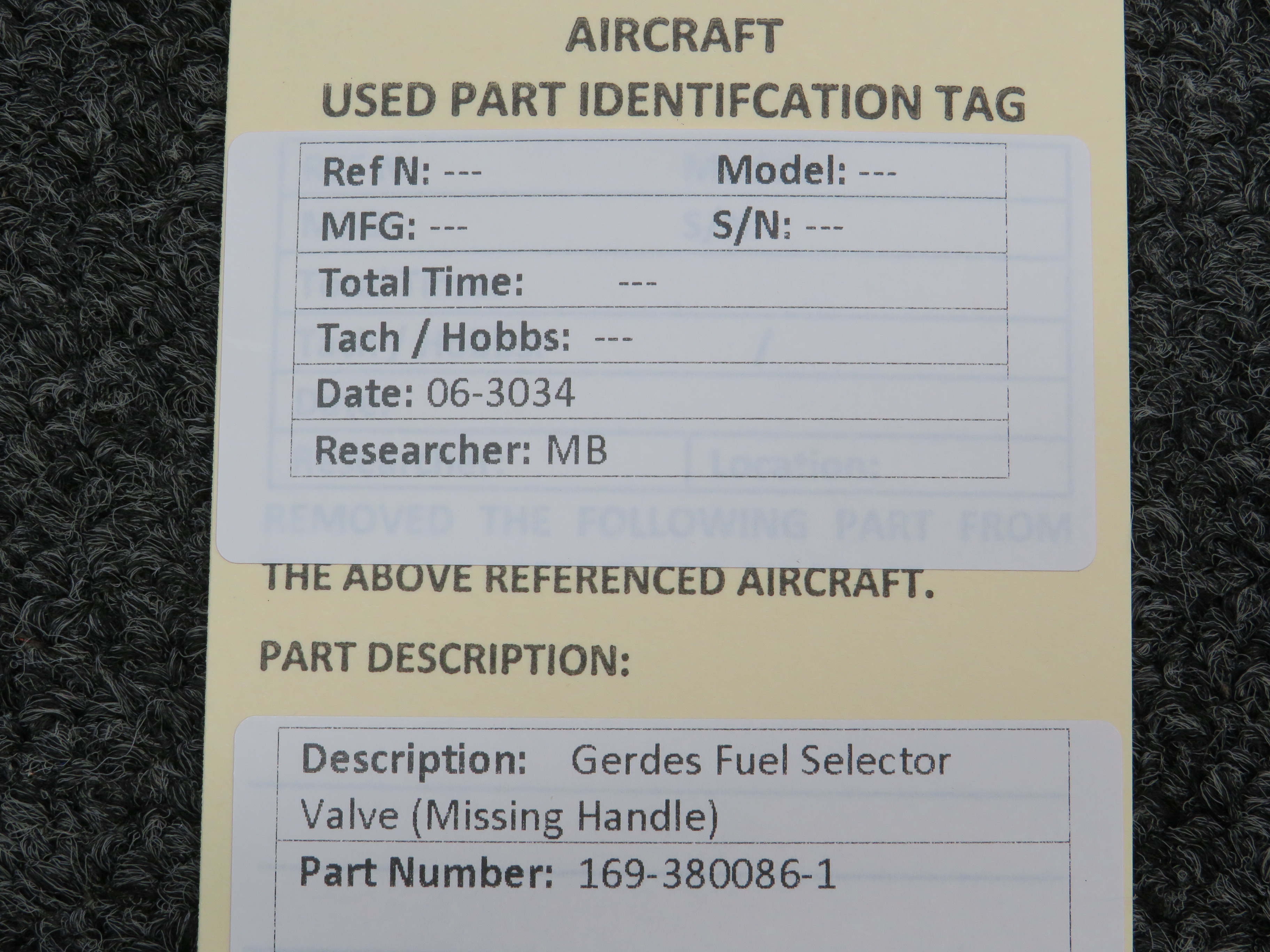 169-380086-1 Gerdes Parts Fuel Selector Valve has Missing Handle