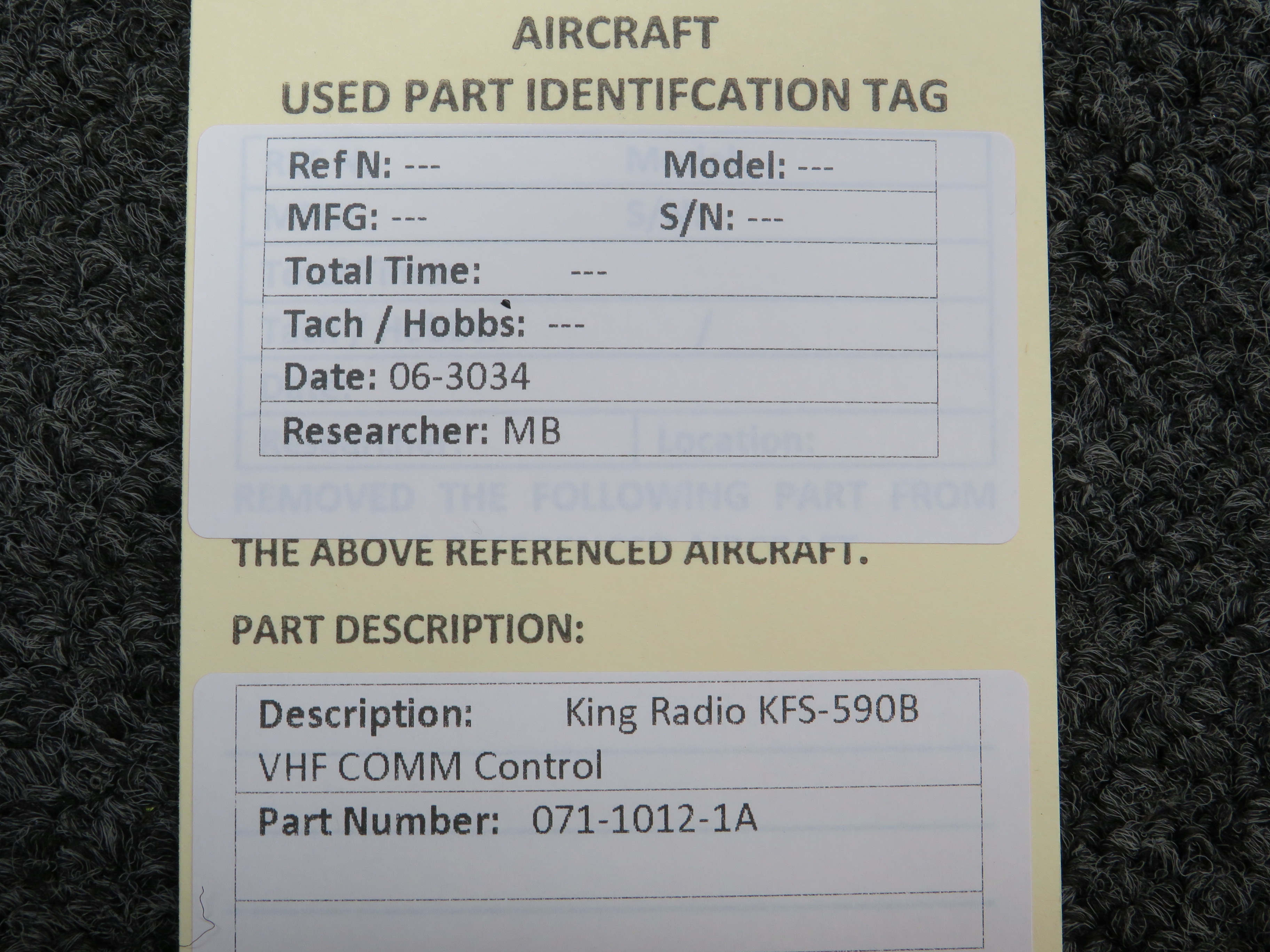 071-1012-1A King Radio KFS-590B Flight VFF COMM Control Assembly For Sale