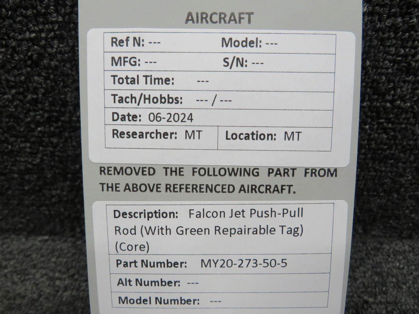MY20-273-50-5 Falcon Jet Push-Pull Rod has Green Repairable Tag (Core)