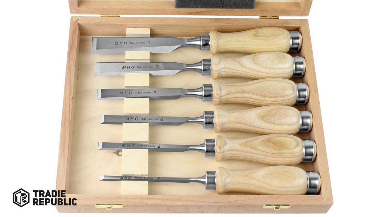 MHG Premium Chisel 6 Piece Set: Oiled Ash Handle with Striking Ferrule ...