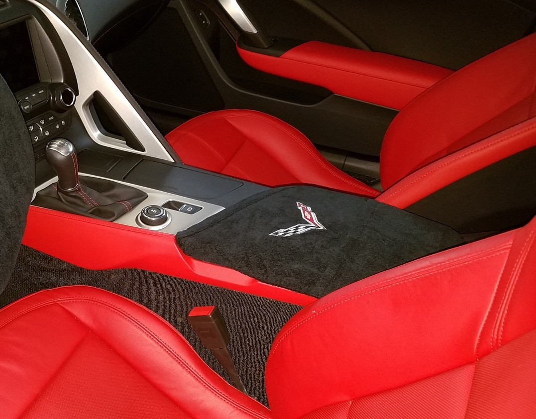 Corvette C7 Console Cover with Crossed Flags Logo by Seat Armour - Black