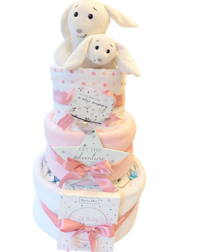 3 Tier Welcome Little Baby Girl Organic Knitted Rabbit Nappy Cake
