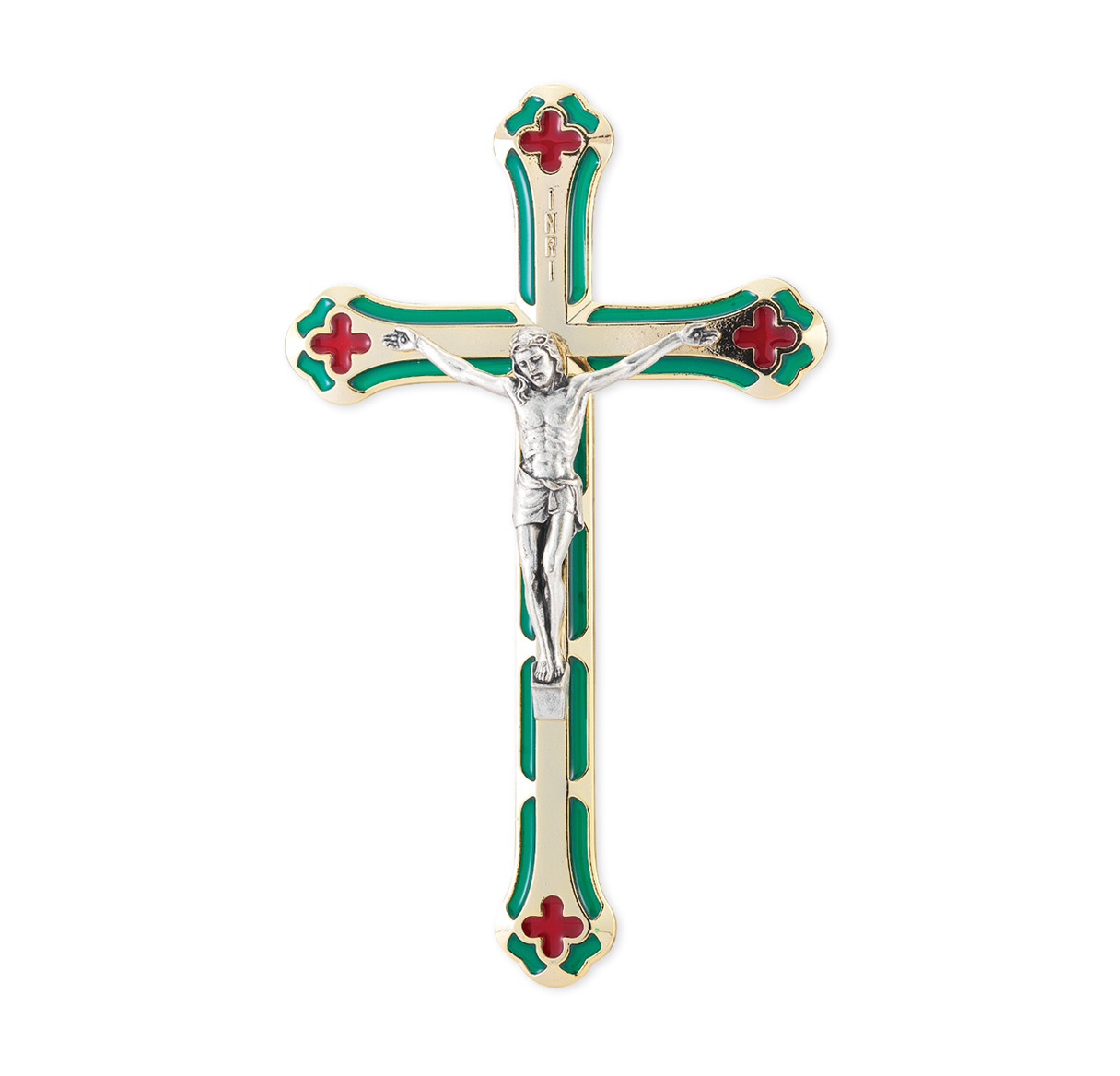 5" Silver-Plated Green and Red Enameled Wall Crucifix - Holy Land Art ...
