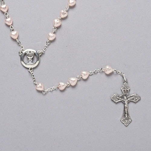 18" Pearl First Communion Rosary – Heart Beads