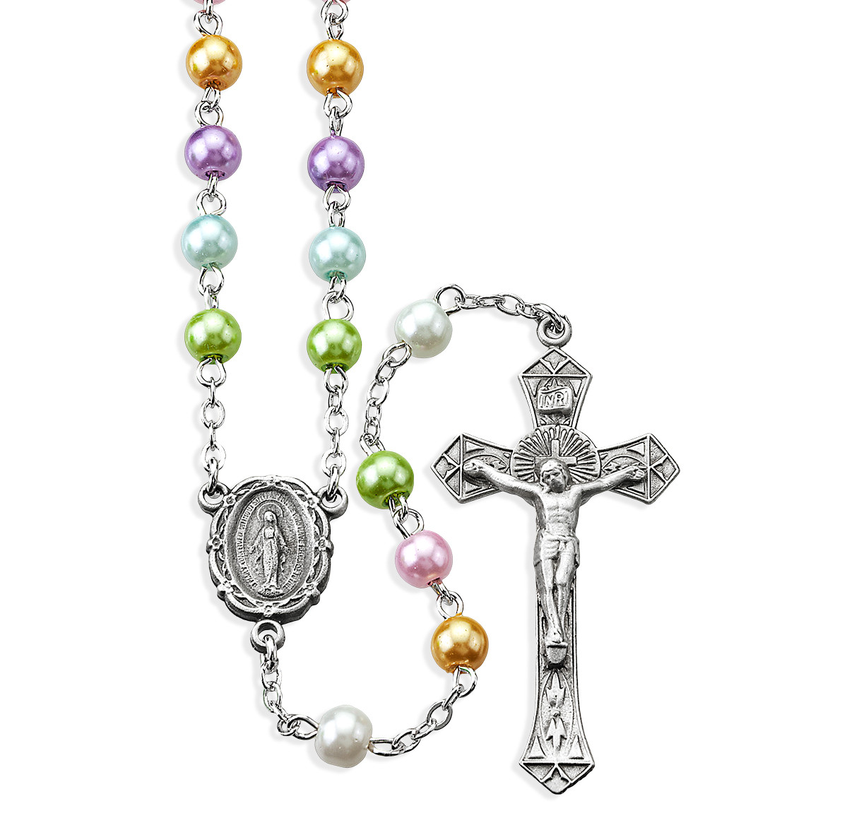 6mm Pearlized Multi-Color Beads with Pewter Crucifix and Center - Holy ...
