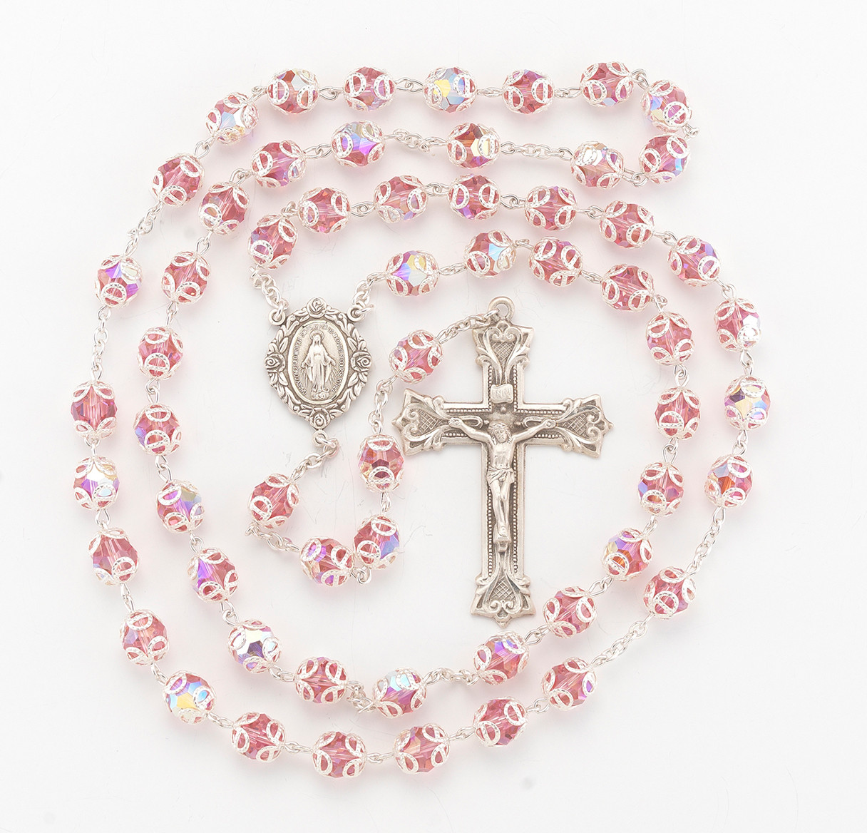 Double Capped Pink Swarovski Crystal Sterling Silver Rosary - Holy Land ...