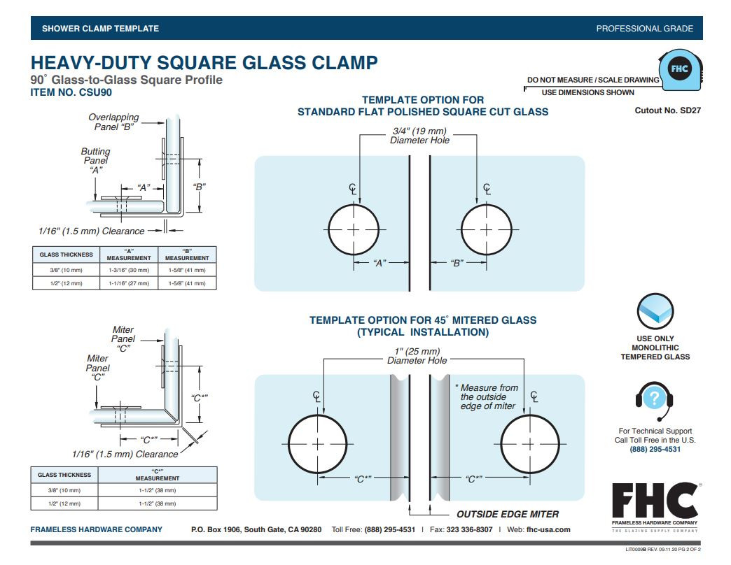 CSU90 - FHC Square 90 Degree Glass Clamp - Compare to SGC90, C90
