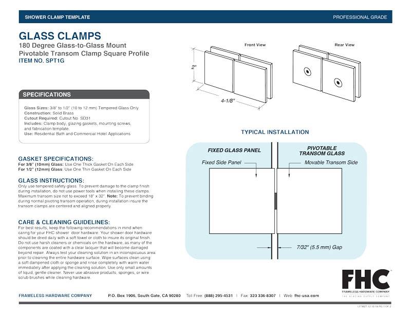 SPT1G - FHC Square 180 Deg Glass-To-Glass Pivotable Transom Clamp ...