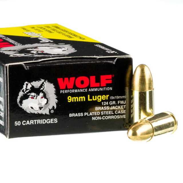 Wolf 9mm Luger Ammo 124 Grain Brass Plated Steel, Full Metal Jacket(FMJ)