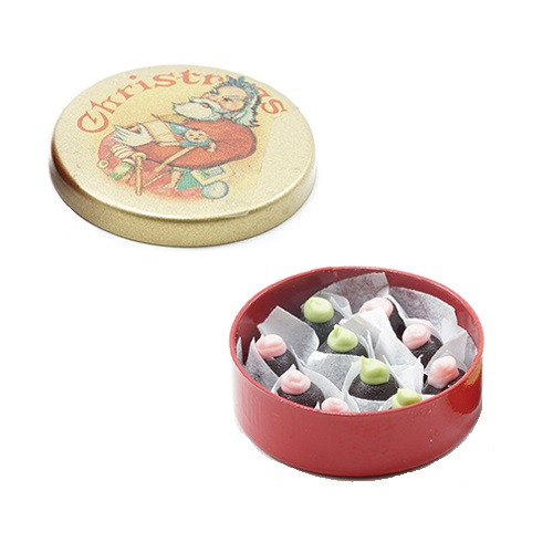 IM65348 - Round Christmas Tin with Candy - Jeepers Dollhouse Miniatures
