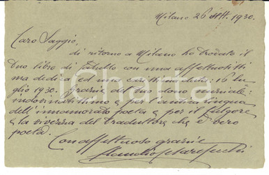 1930 MILANO Claudio Cesare SECCHI - Biglietto di ringraziamento AUTOGRAFO