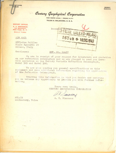 1949 CENTURY GEOPHYSICAL CORPORATION Letter about