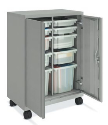 Small Mobile Bin Storage Cabinet with Locking Doors