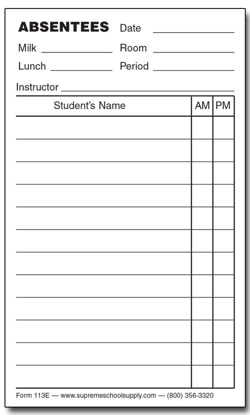 Absentees Slip (113E) - Supreme School Supply