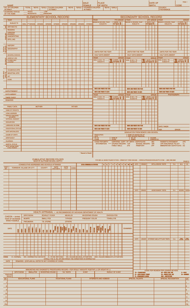 Student Cumulative Record Folder, Manila (SSCA39) - Supreme School Supply