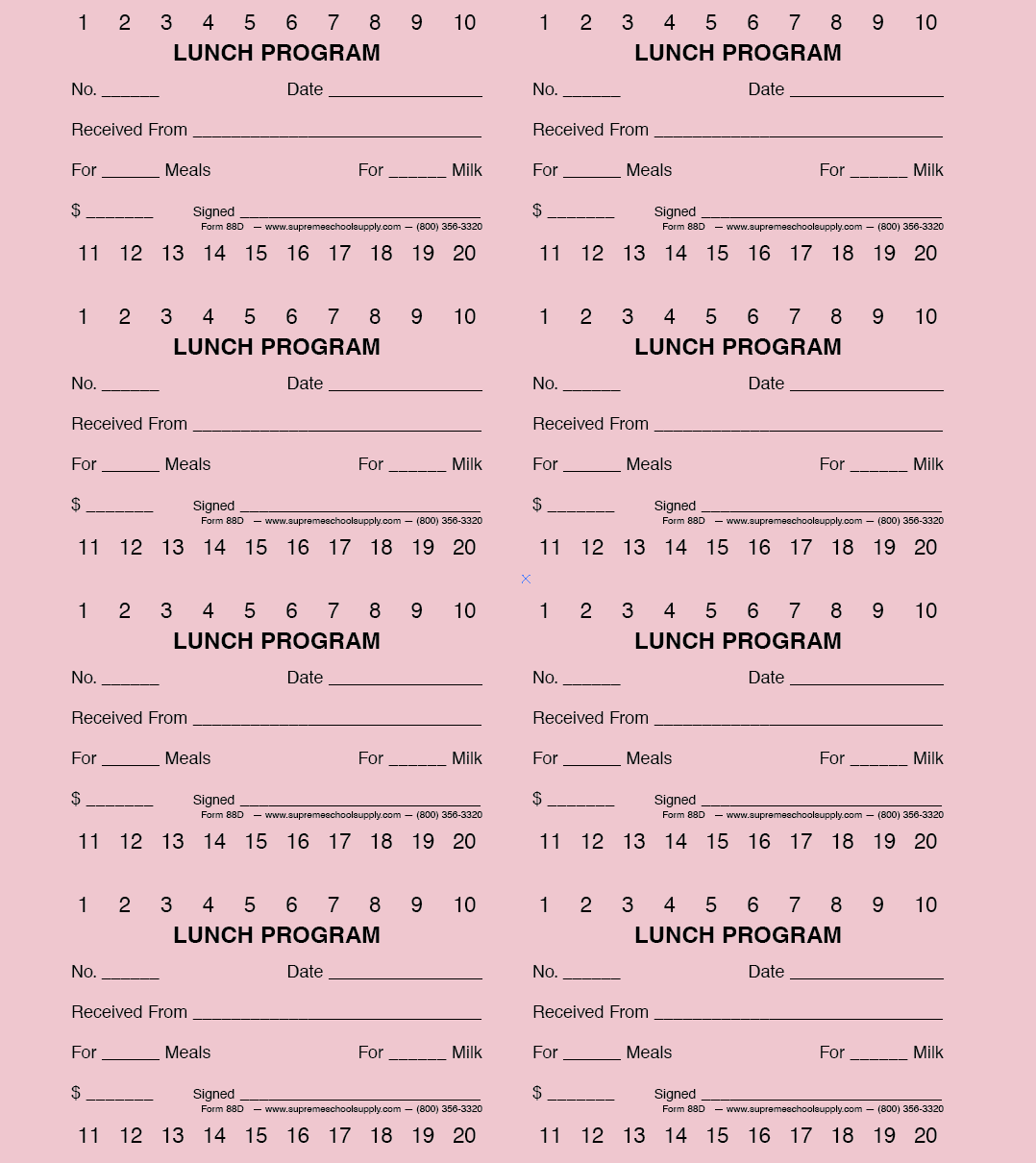 Lunch Program Receipt Book, 20-Meal (88D) - Supreme School Supply