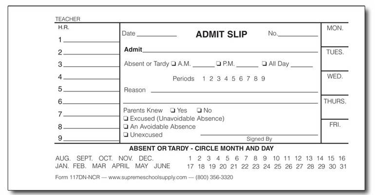 Admit Slip Book w/ Dates Carbon less (117DN-NCR) - Supreme School Supply