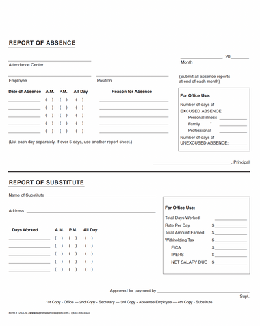 Employee Report of Absence (112LCS) - Supreme School Supply