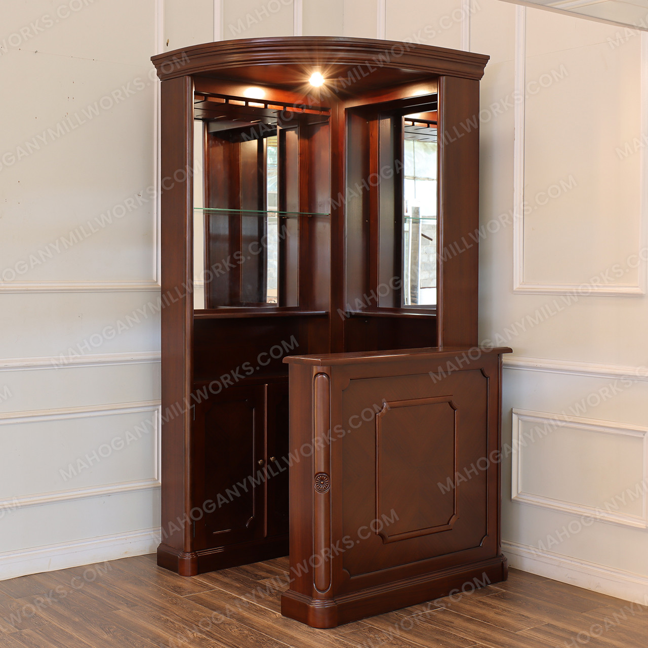 Custom Mahogany Inlay Corner Canopy Pub Bar Set 45" | Mahogany Millworks