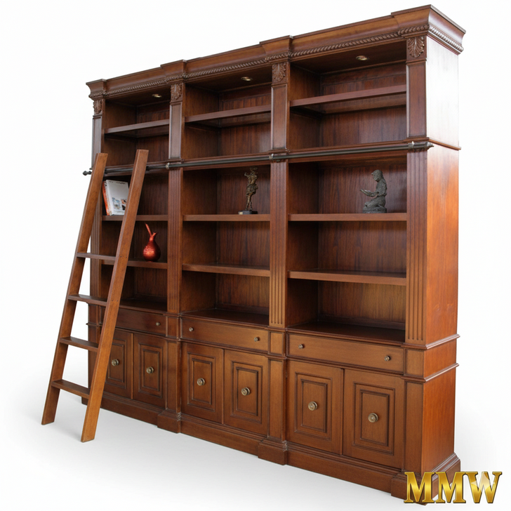 Large Mahogany Library Bookcase with Ladder - Mahogany Millworks