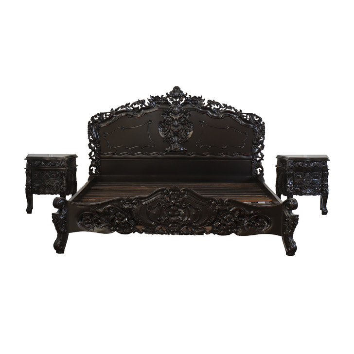 3pc Distressed Black French Rococo Bedroom Set