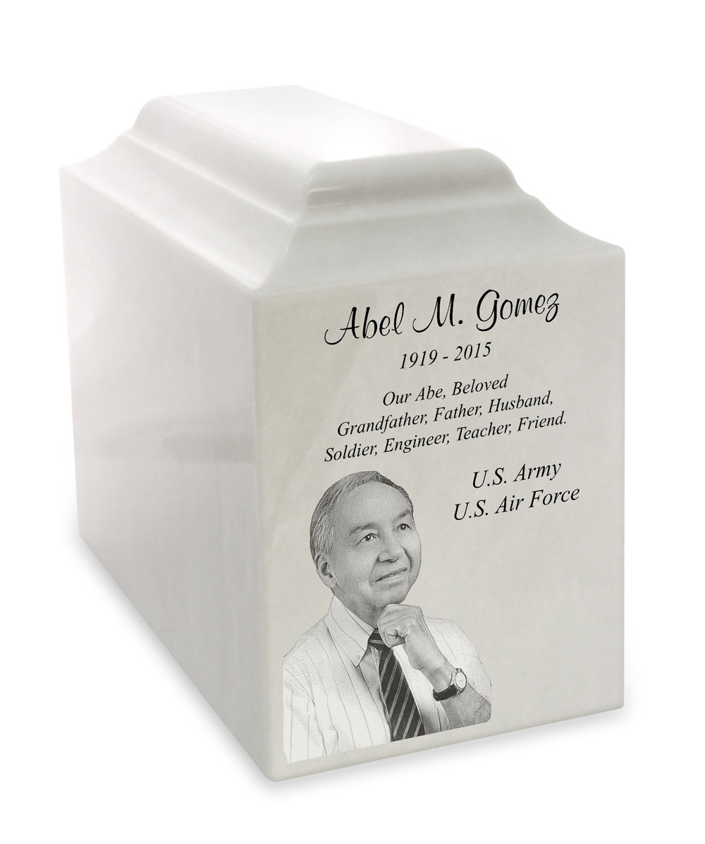 White Marble Standard Cremation Urn Vault with Engraved Photo
