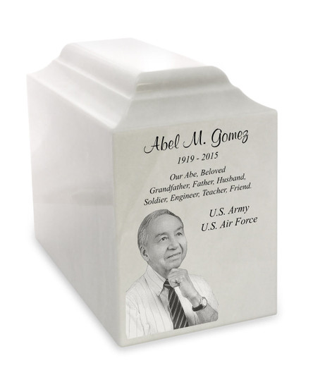 White Marble Standard Cremation Urn Vault with Engraved Photo